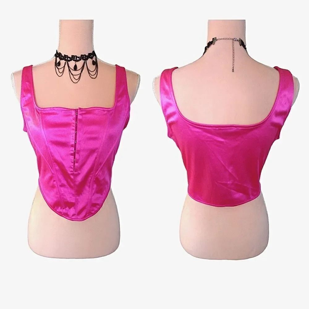 Y2k Vtg Shiny Hot Pink Satin Front Hook Bustier Corse… - Gem